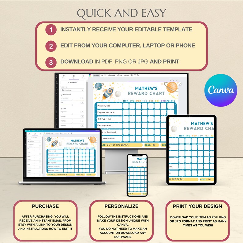 Editable Space Reward Chart Printable Behavior Chart Daily Chore Chart ...