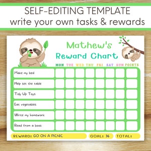Editable Sloth Reward Chart for Kids Daily Routine Chart Boys Chore ...