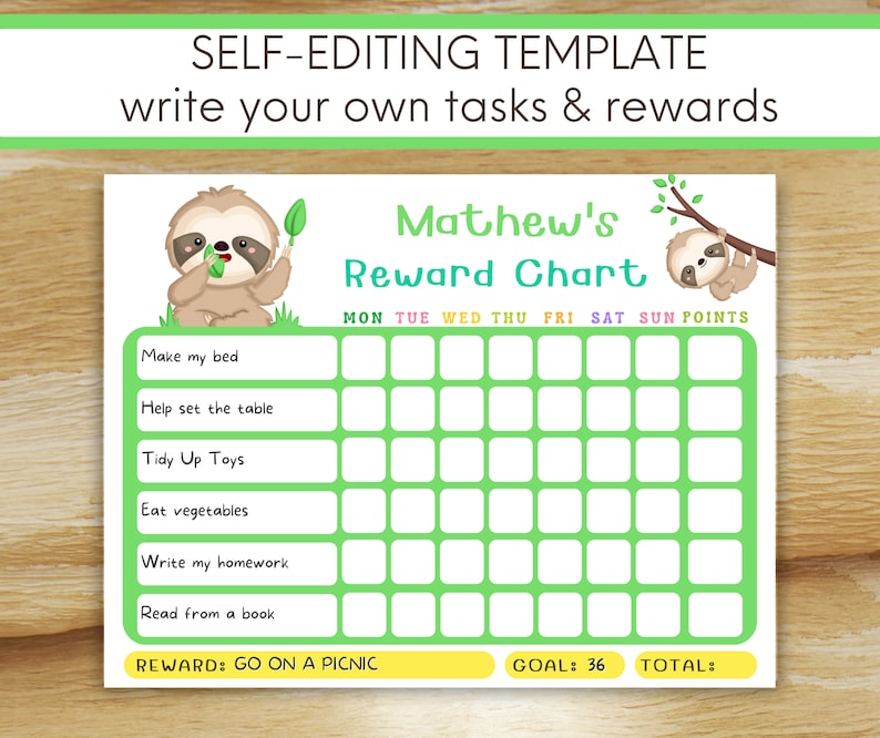 Editable Sloth Reward Chart for Kids Daily Routine Chart Boys Chore ...