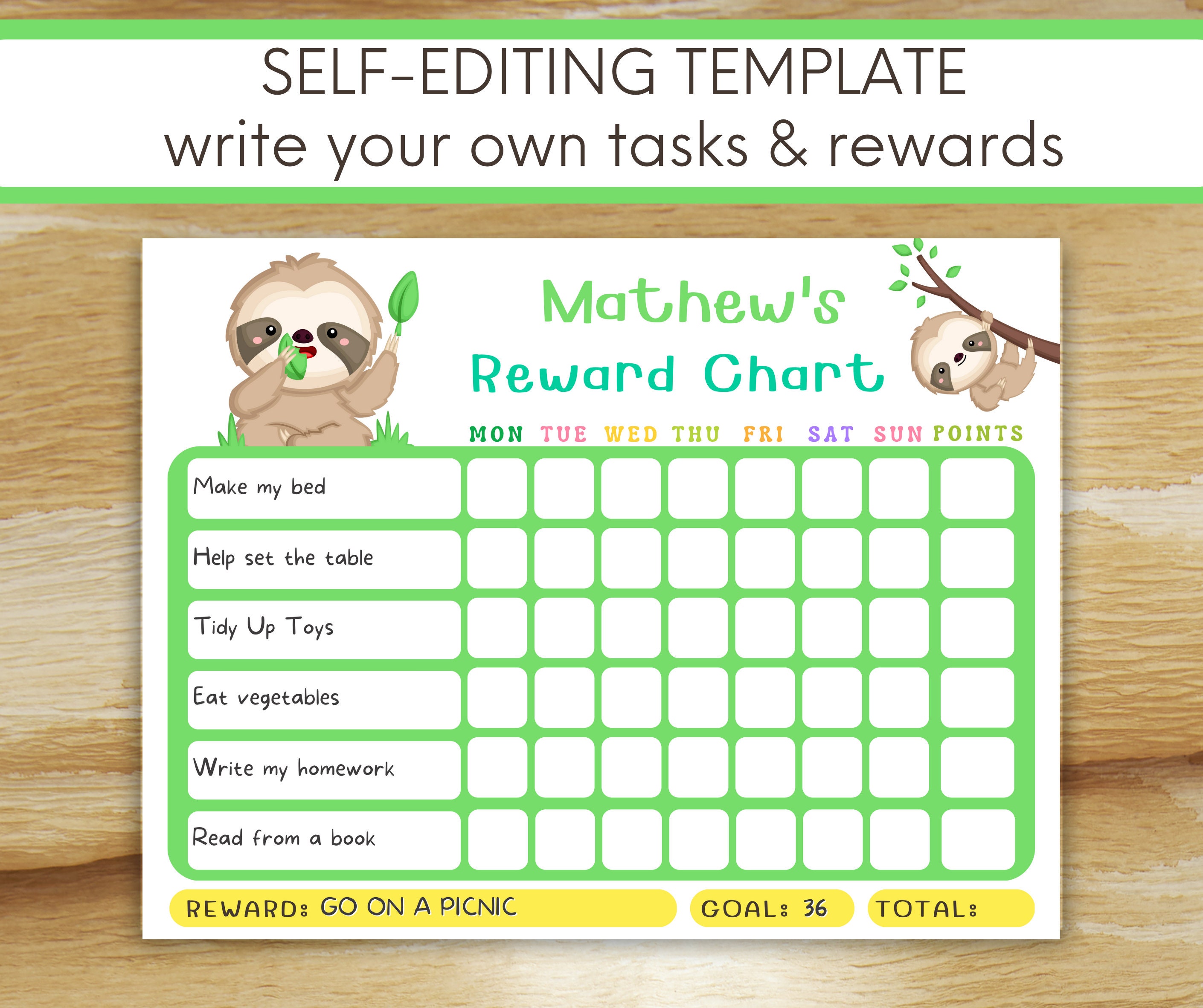 Editable Sloth Reward Chart for Kids Daily Routine Chart Boys Chore ...