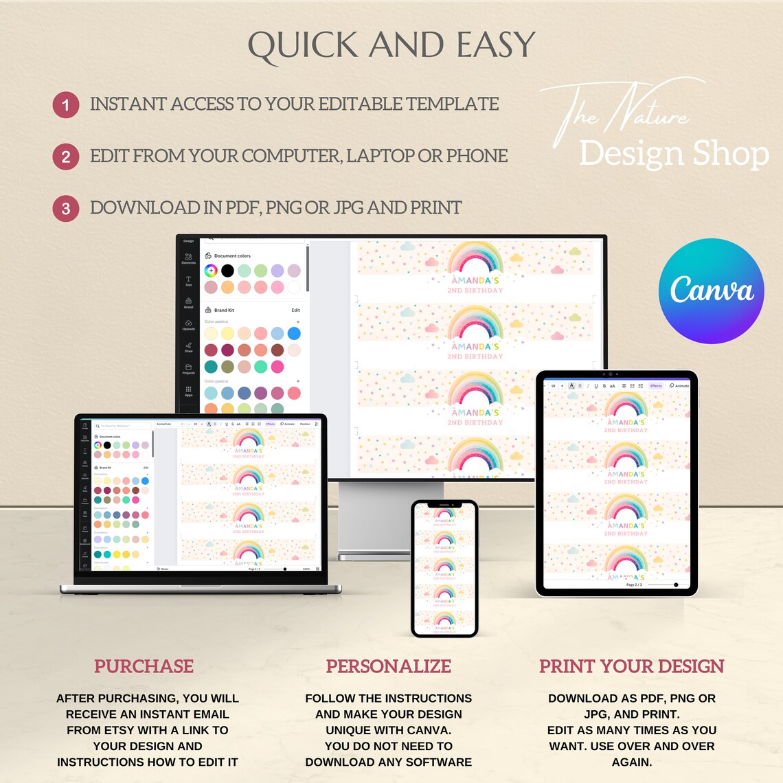 Editable Rainbow Water Bottle Label Girl Rainbow Birthday Party Decor ...