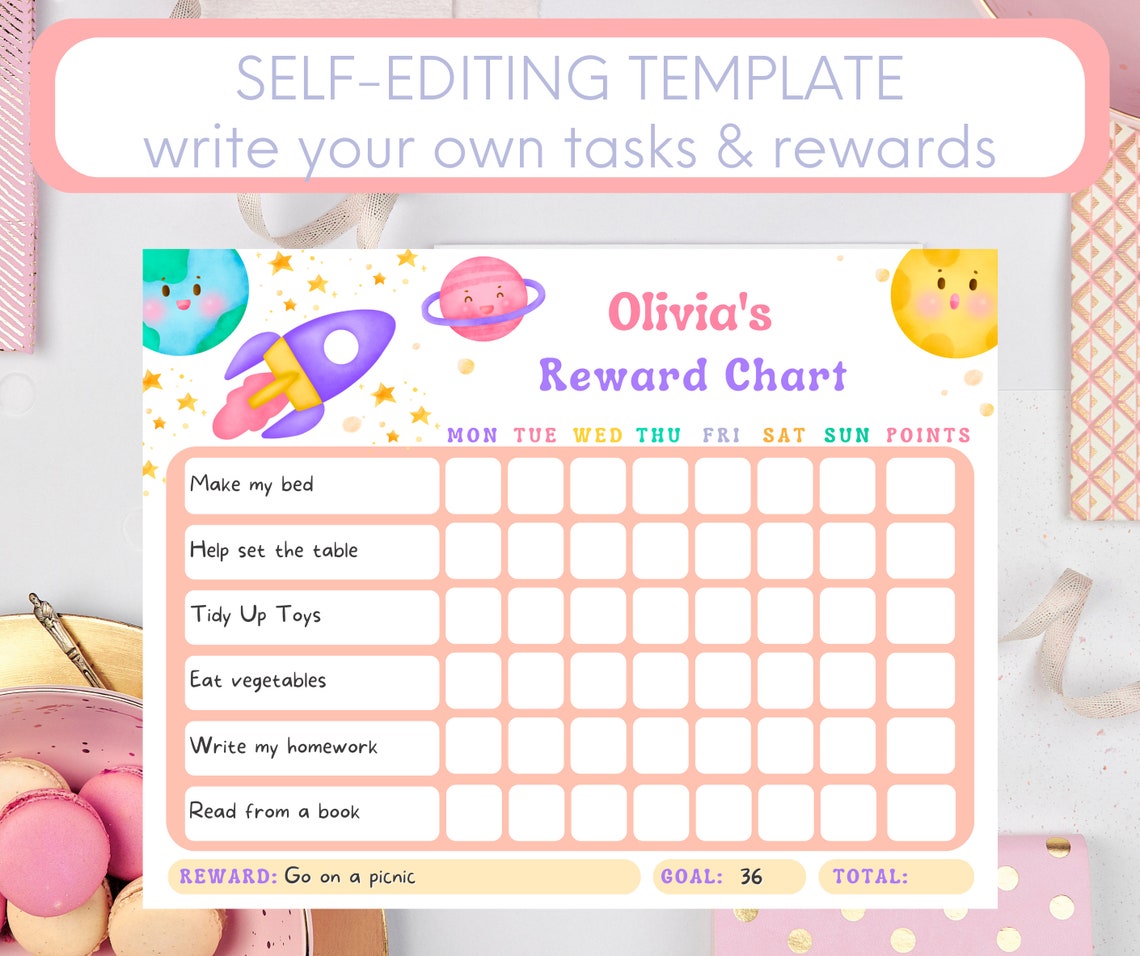 Editable Space Reward Chart Printable Behavior Chart Daily Chore Chart ...