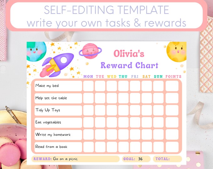 Editable Space Reward Chart Printable Behavior Chart Daily Chore Chart ...