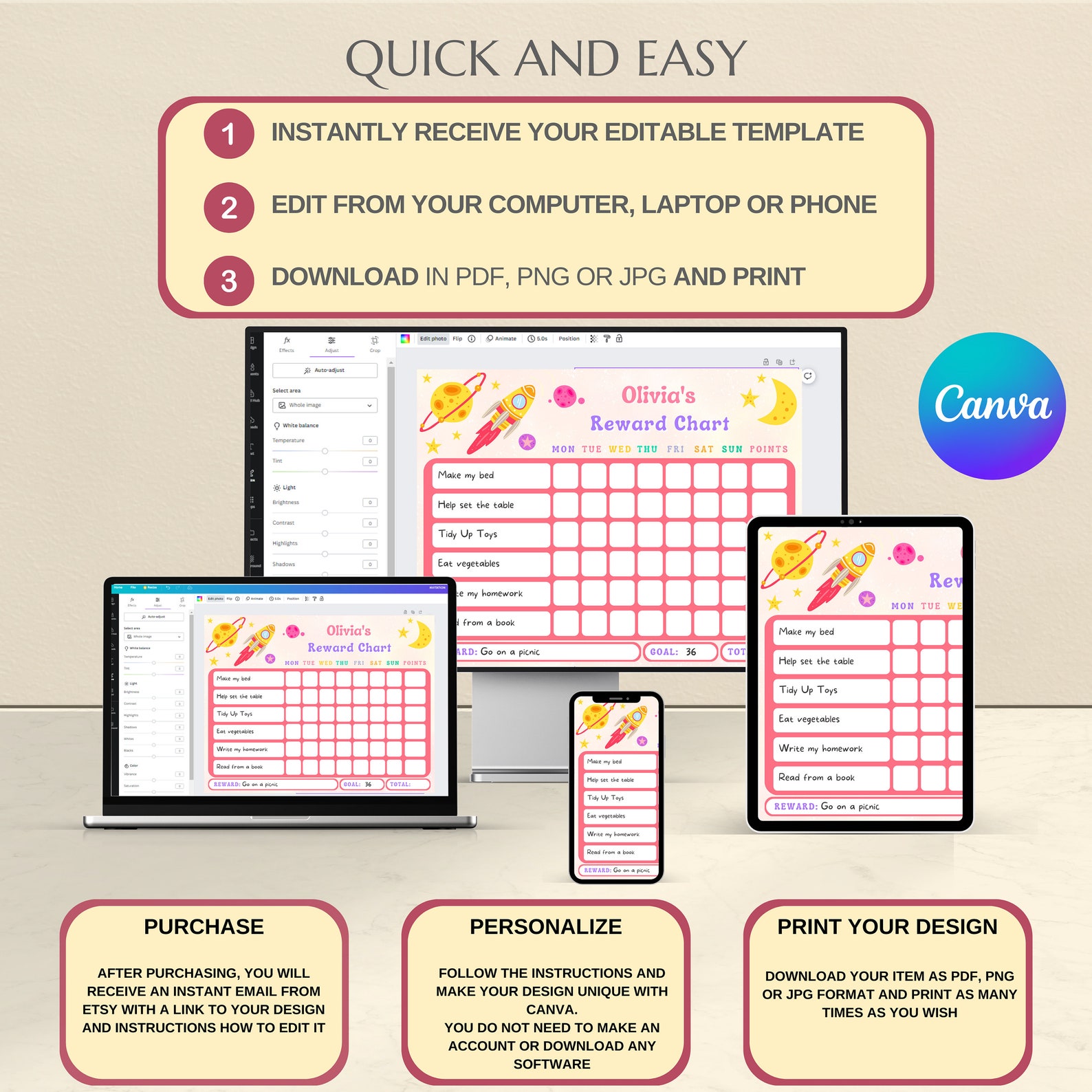 Editable Space Reward Chart Printable Behavior Chart Daily Chore Chart ...