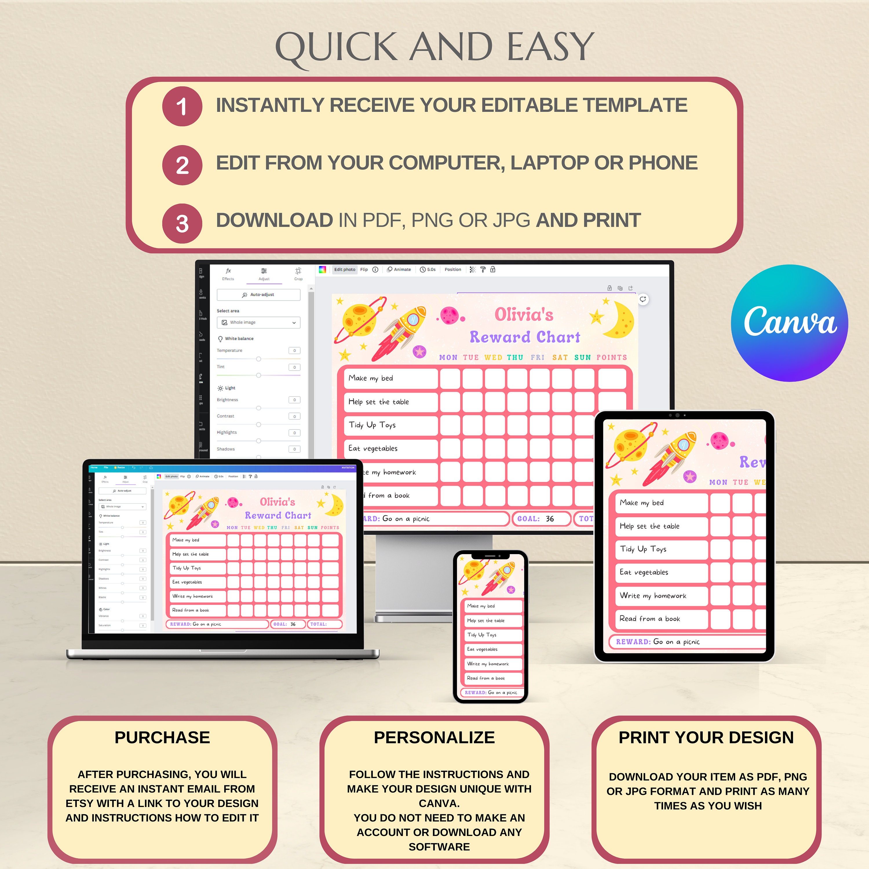 Editable Space Reward Chart Printable Behavior Chart Daily Chore Chart ...