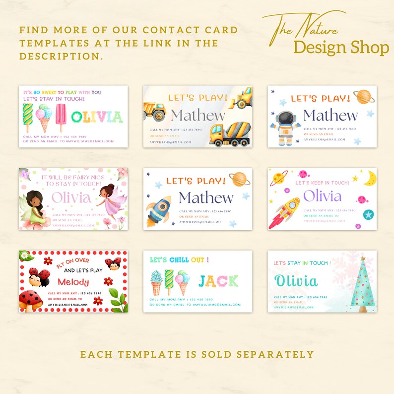 Back to School Kids Contact Cards Kids Business Cards Keep in Touch ...
