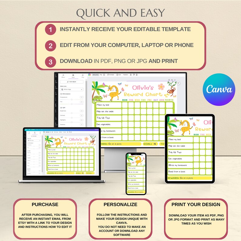 Editable Jungle Animals Reward Chart for Kids Daily Routine Chart Kids ...