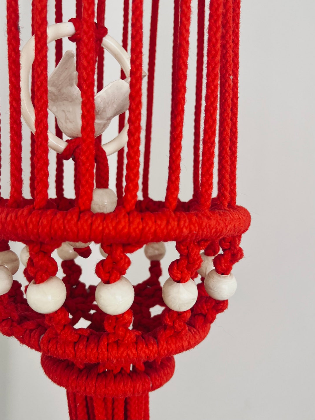 Vintage Macrame Bird Cage / Red Ceiling Hanging Decor With 2 Ceramic ...