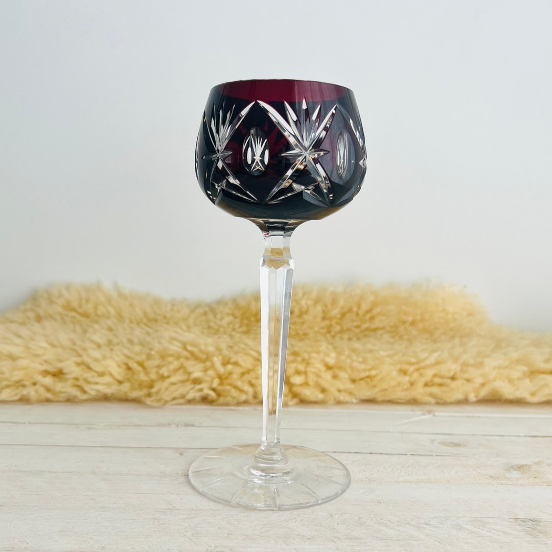 Vintage Crystal Wine Glass / DARK BLOOD RED / X Pattern Cut to Clear ...