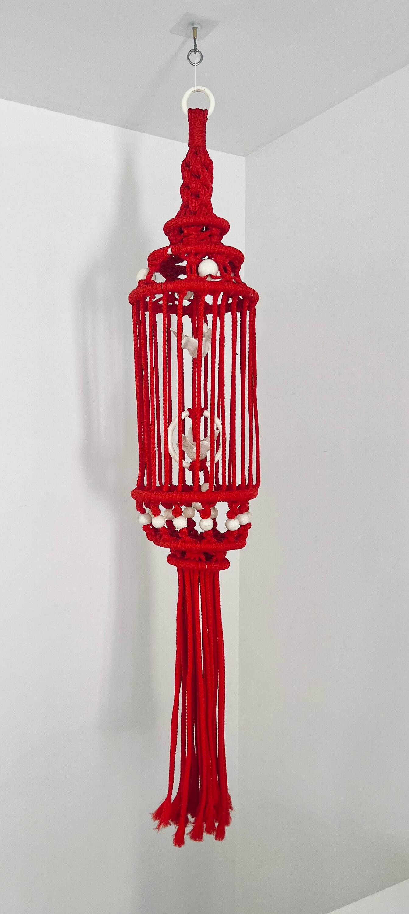 Vintage Macrame Bird Cage / Red Ceiling Hanging Decor With 2 Ceramic ...