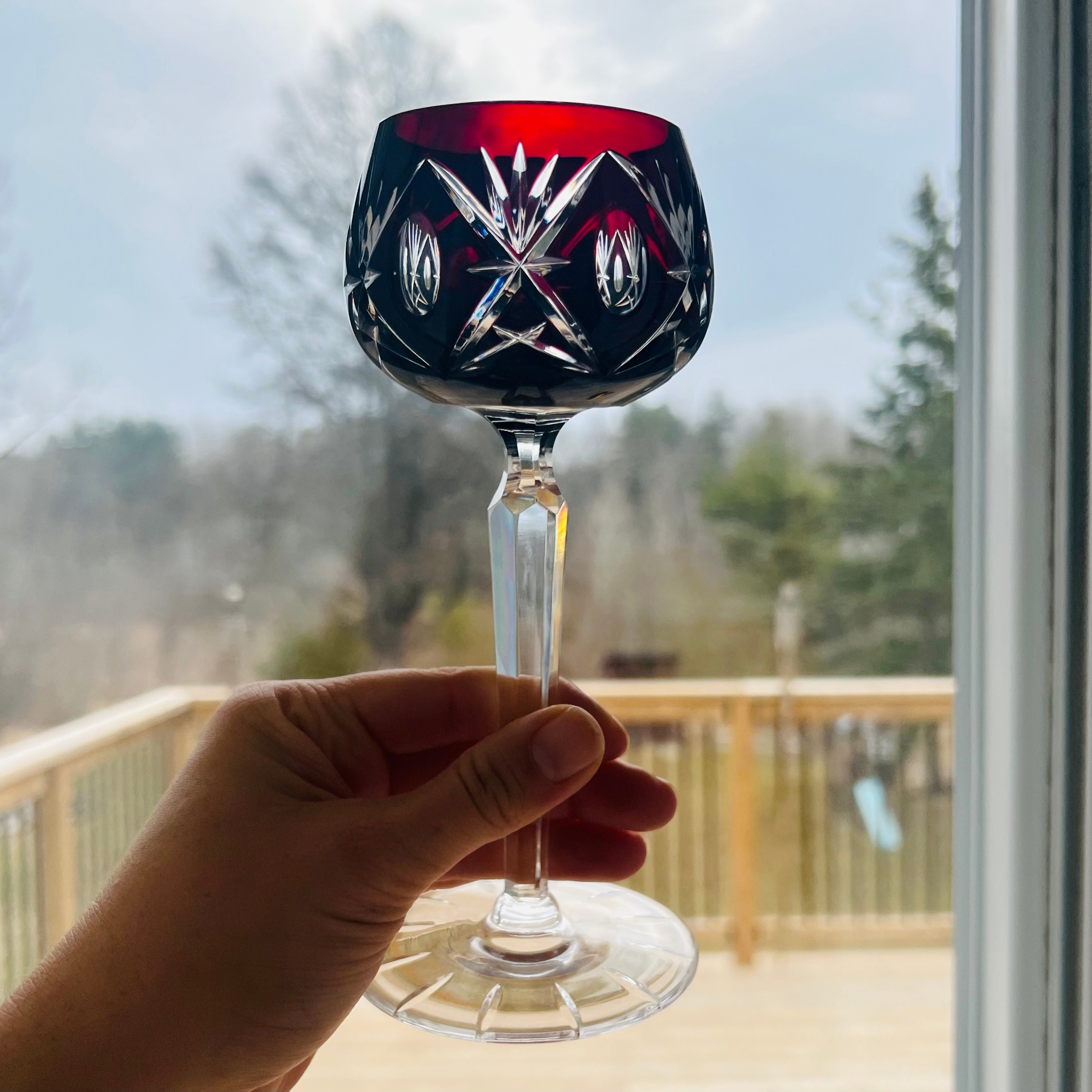 Vintage Crystal Wine Glass / DARK BLOOD RED / X Pattern Cut to Clear ...