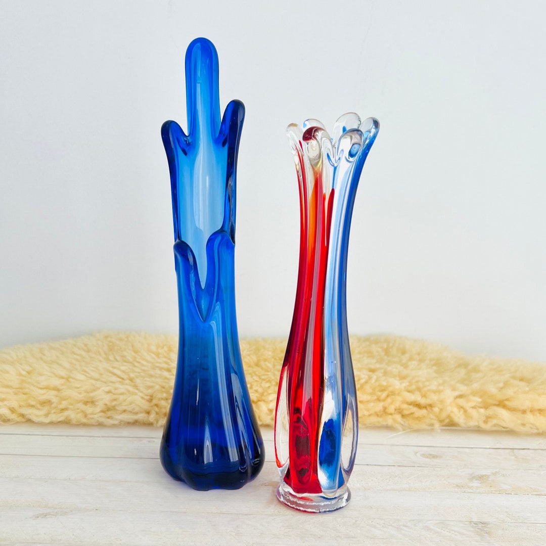 Vintage Swung Glass Vases / Murano Style Blue & Red / Hand Blown Glass ...