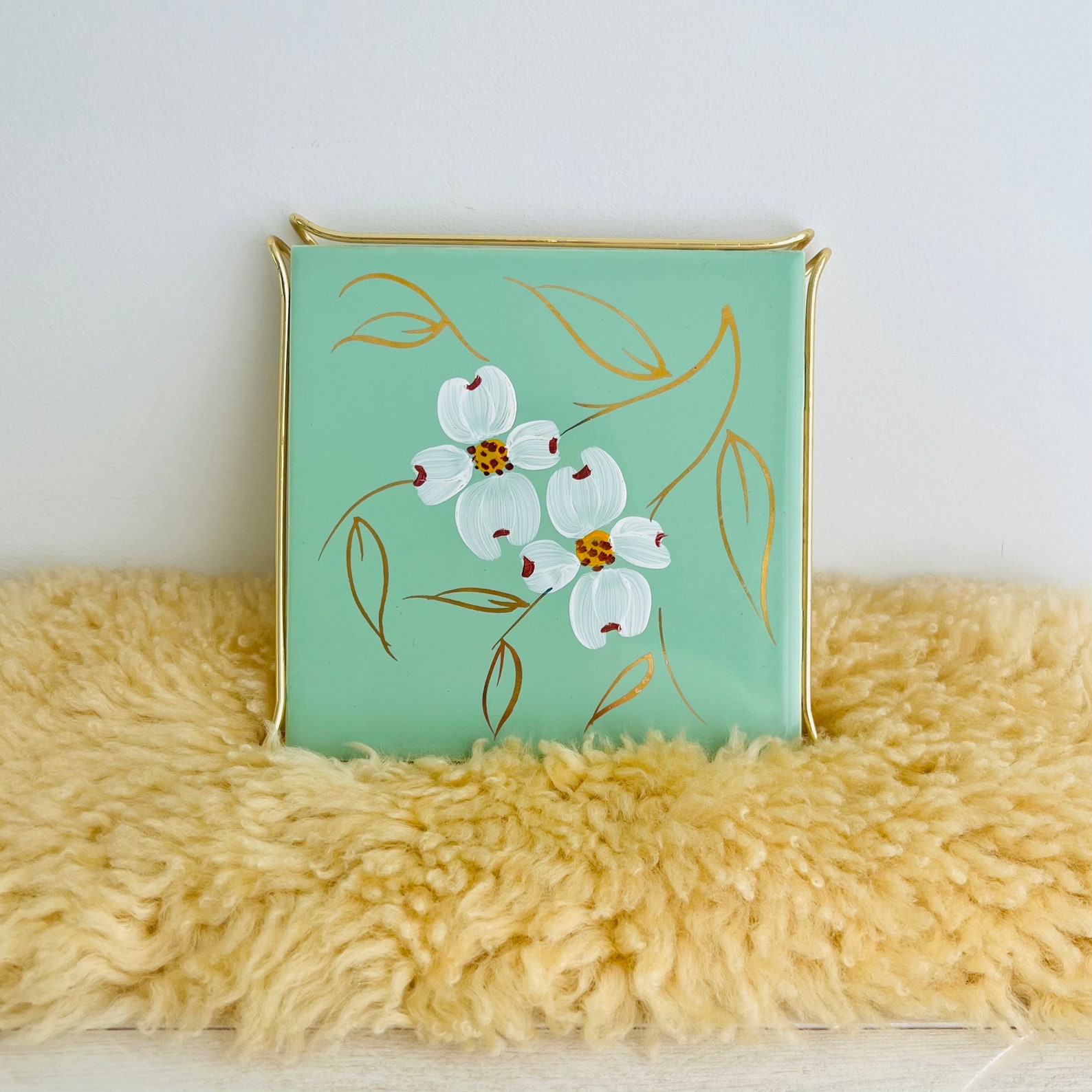 Vintage Hand Painted Trivet / Mint Colour Ceramic Plant Stand / Gold ...