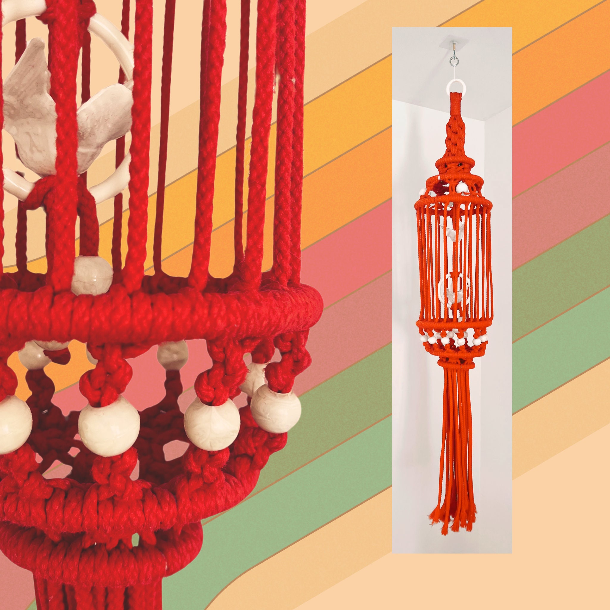 Vintage Macrame Bird Cage / Red Ceiling Hanging Decor With 2 Ceramic ...