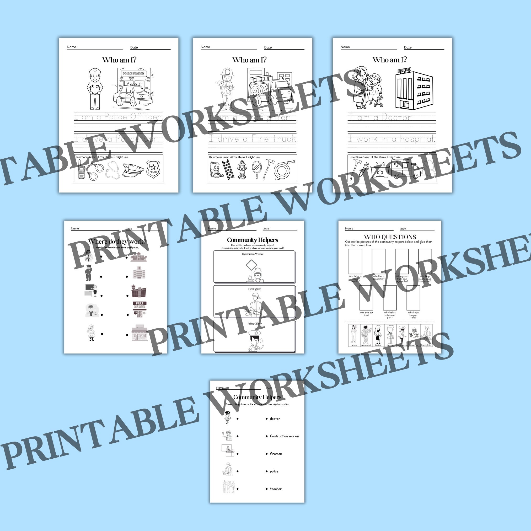 Kindergarten Community Helper Bundle Pack, 8 Worksheets and Puppet ...