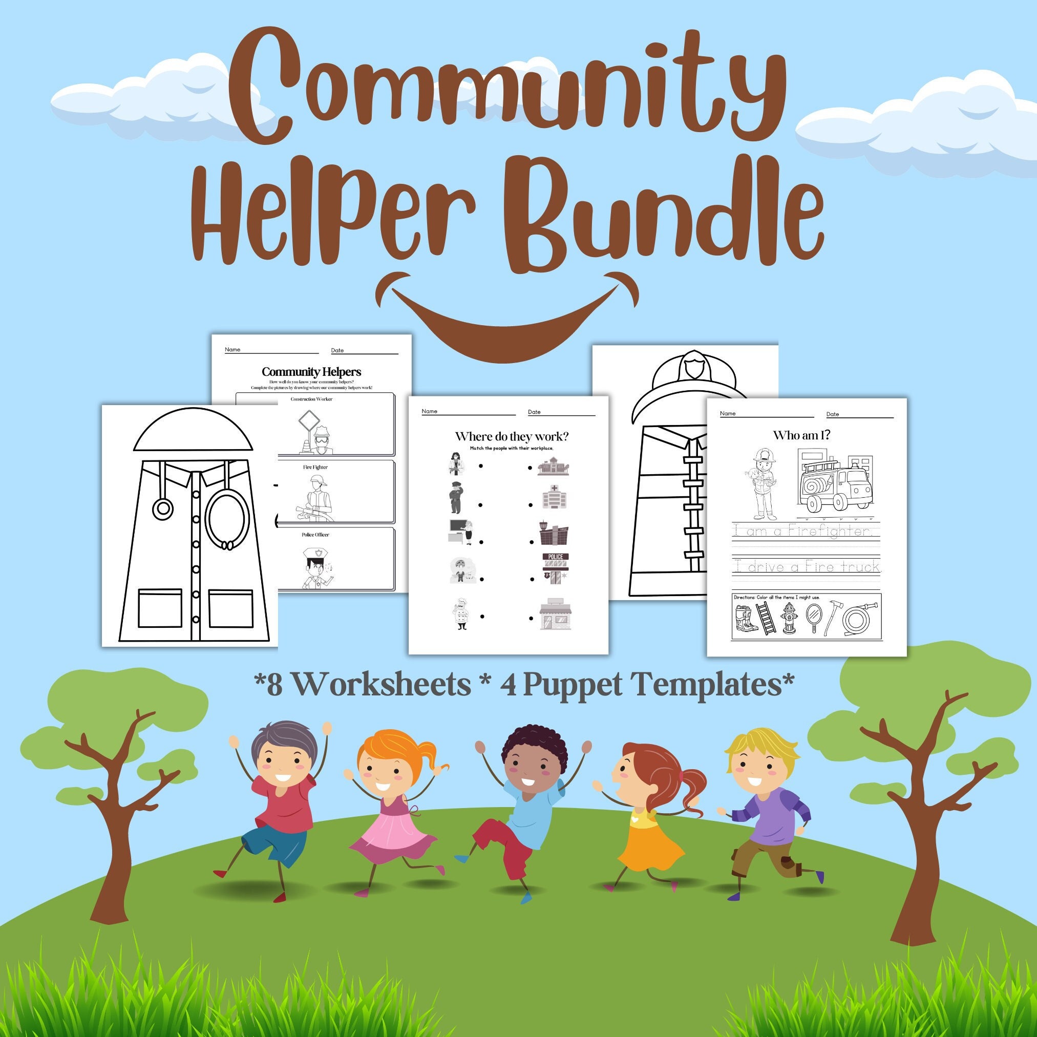 Kindergarten Community Helper Bundle Pack, 8 Worksheets and Puppet ...