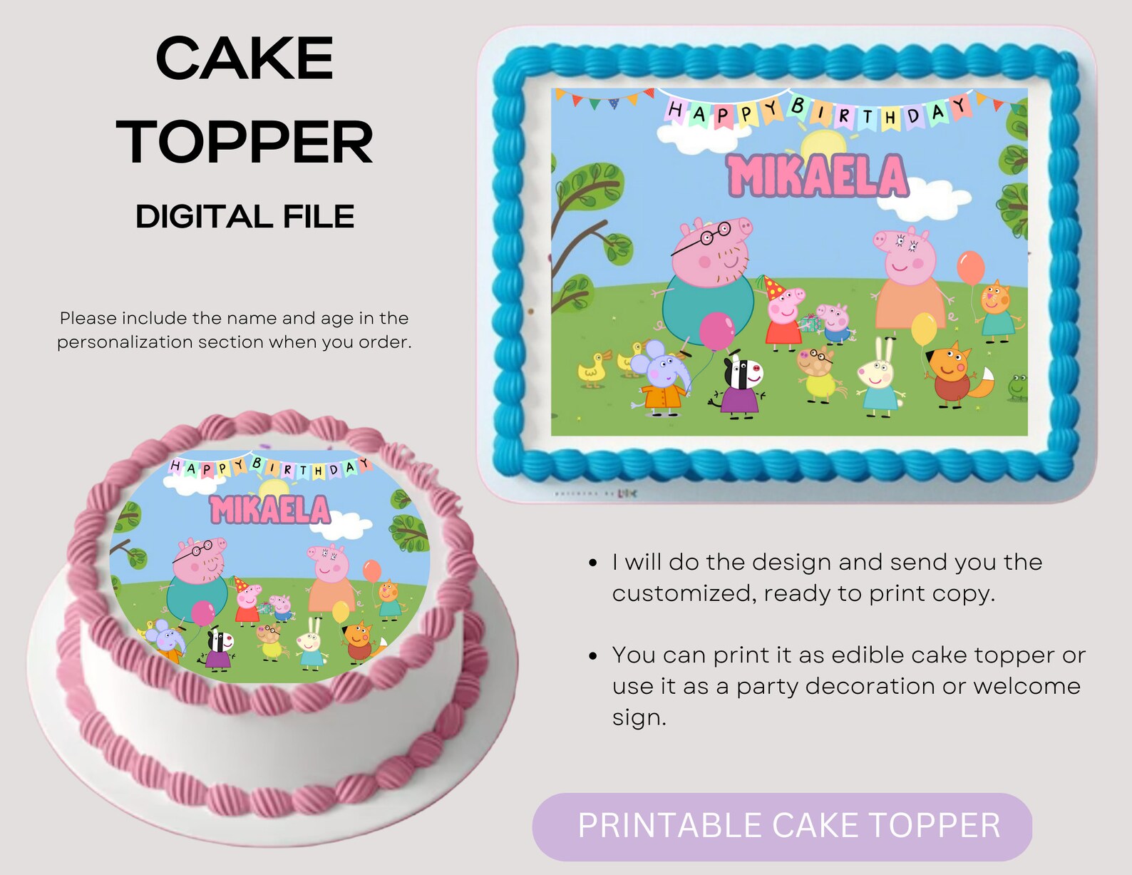 Pink Pig Cake Topper Pig Cake Topper Printable Cake Topper - Etsy