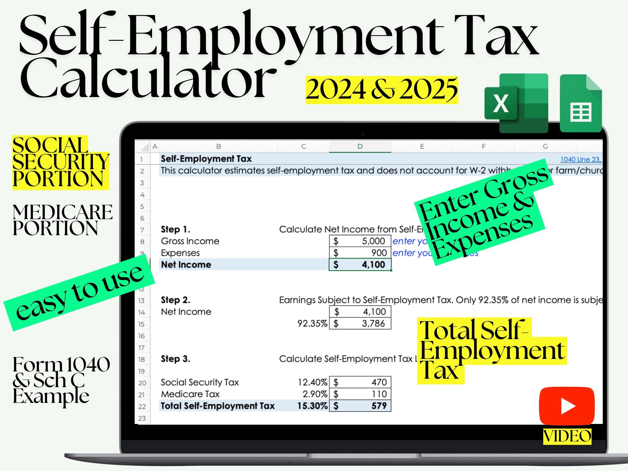 Self-employment Tax Calculator: Excel & Google Sheets, Form 1040 - Etsy