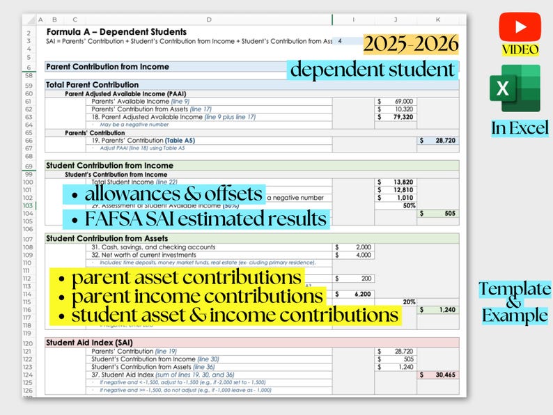 SAI FAFSA Calculator: Student Aid Index Worksheet (excel & Google ...
