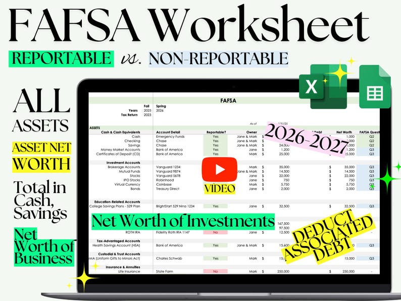 FAFSA Worksheet Template, Asset Net Worth Calculator (excel, Google ...