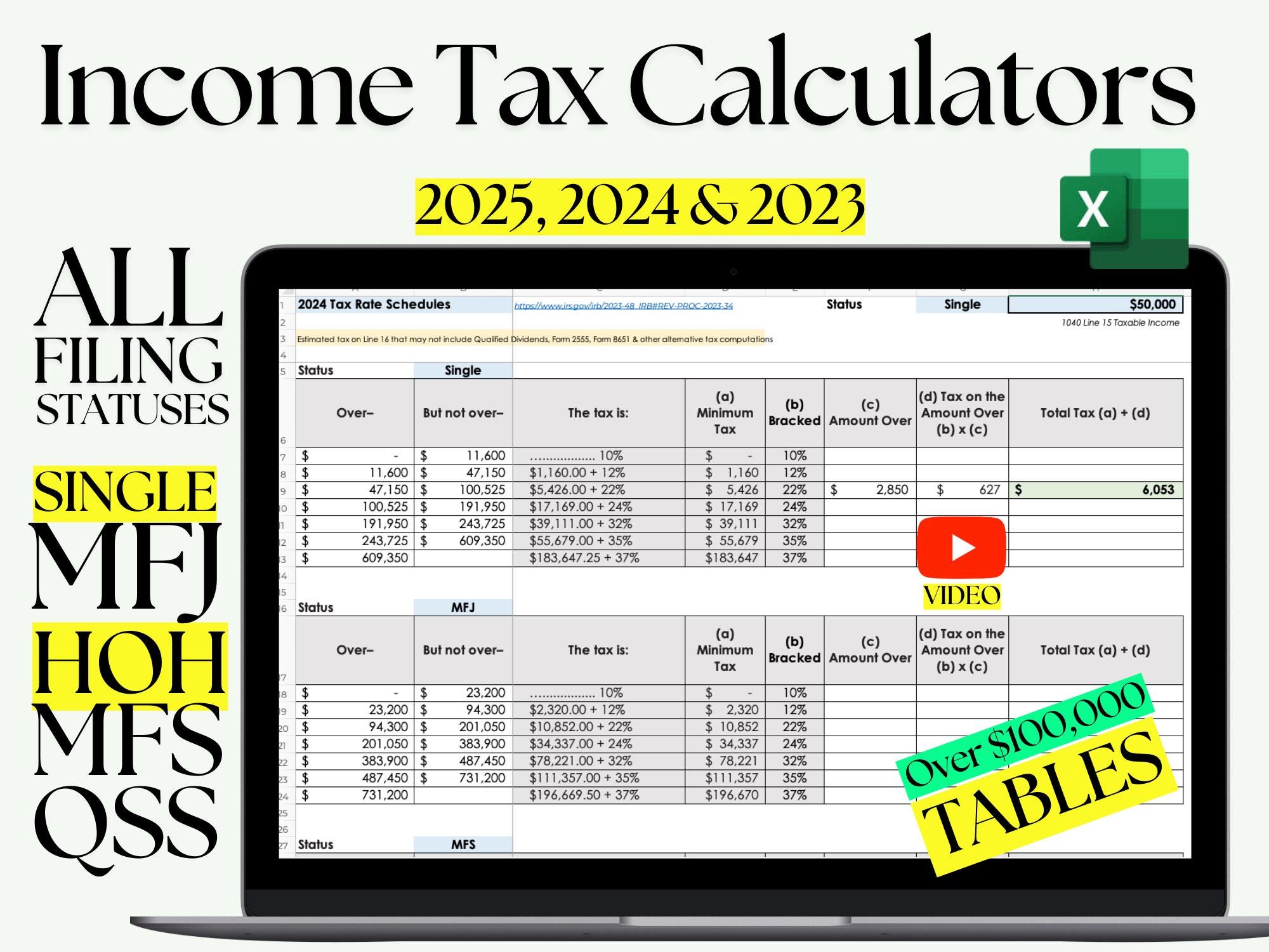 Tax Calculator: 2025, 2024, 2023 Income Tax, Form 1040 (excel & PDF) - Etsy