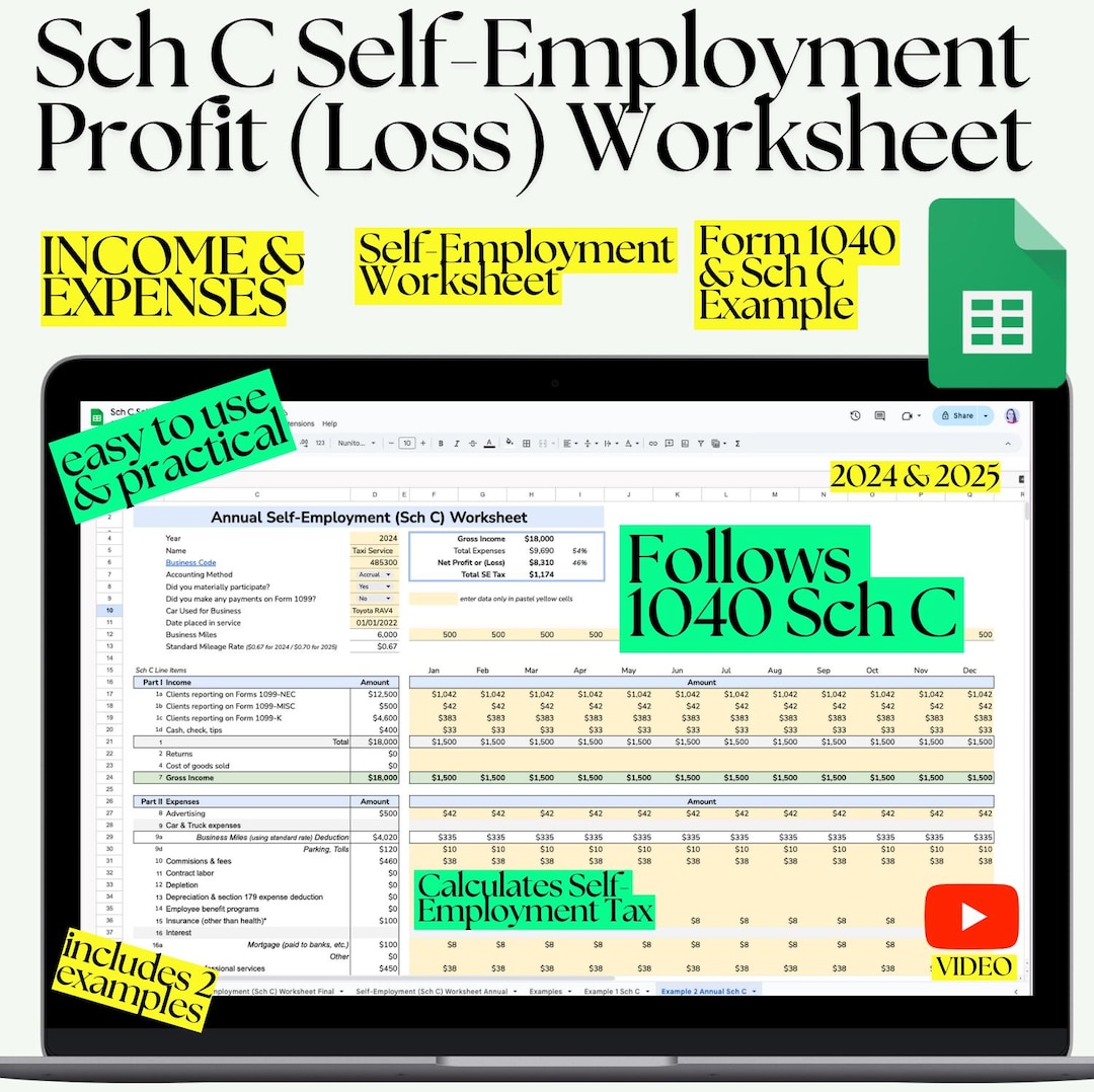 Self-employment Worksheet, Profit Loss, Income & Expenses, Self ...
