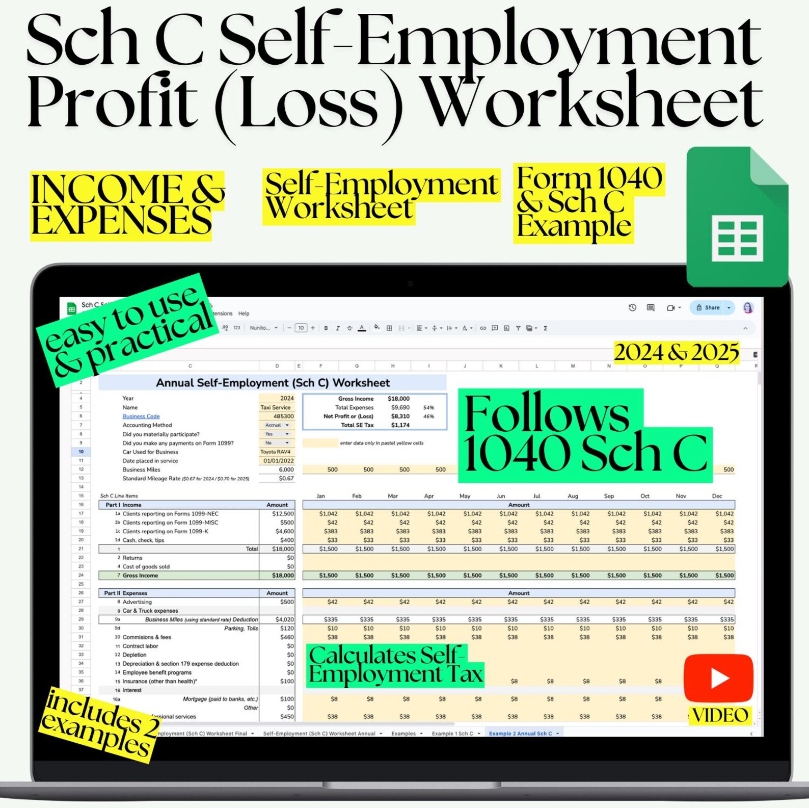 Self-employment Worksheet, Profit Loss, Income & Expenses, Self ...