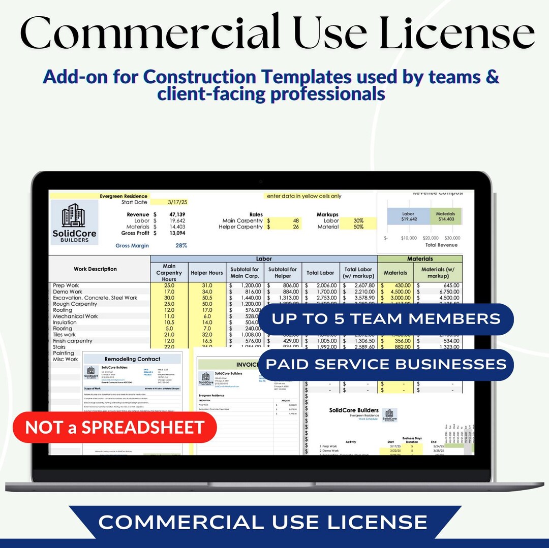 Commercial Use Digital License: Construction Spreadsheet Templates ...