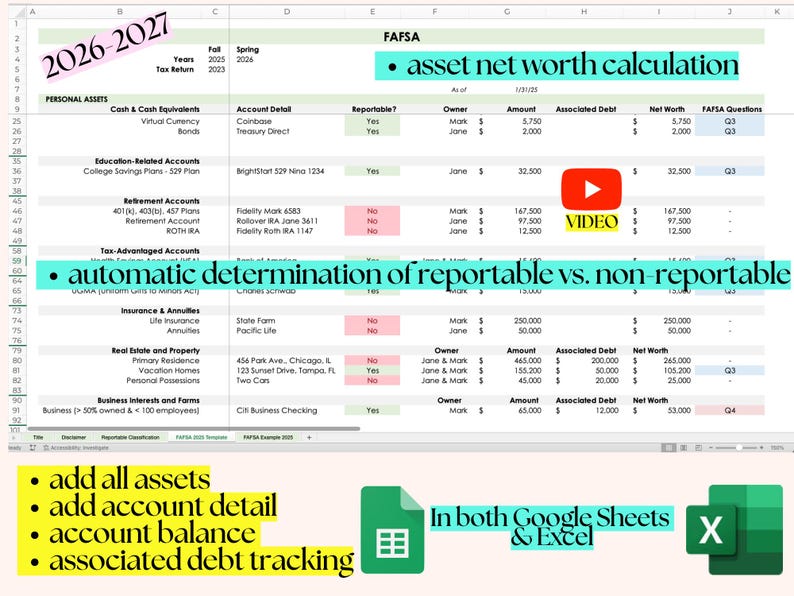 FAFSA Worksheet Template, Asset Net Worth Calculator (excel, Google ...