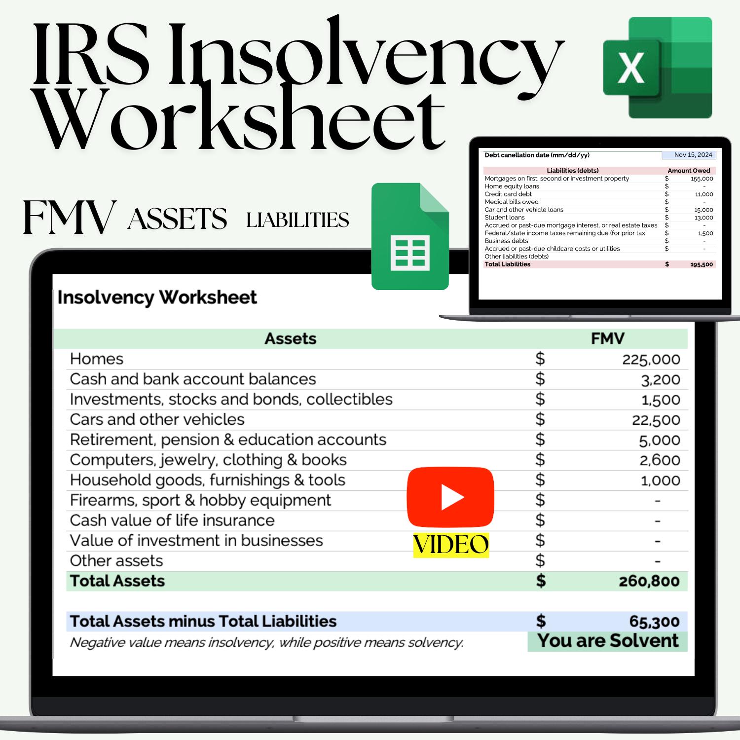 IRS Insolvency Worksheet, Assets & Liabilities, Solvent, Insolvent ...