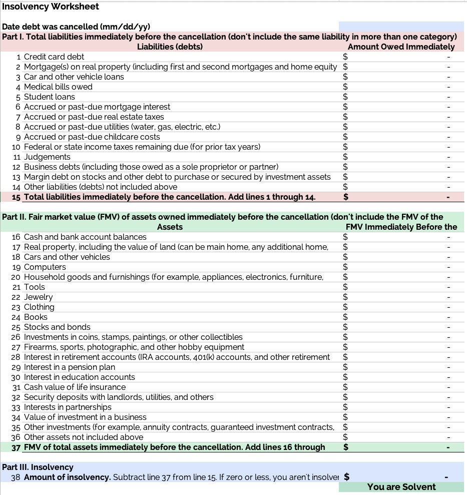 IRS Insolvency Worksheet, Assets & Liabilities, Solvent, Insolvent ...