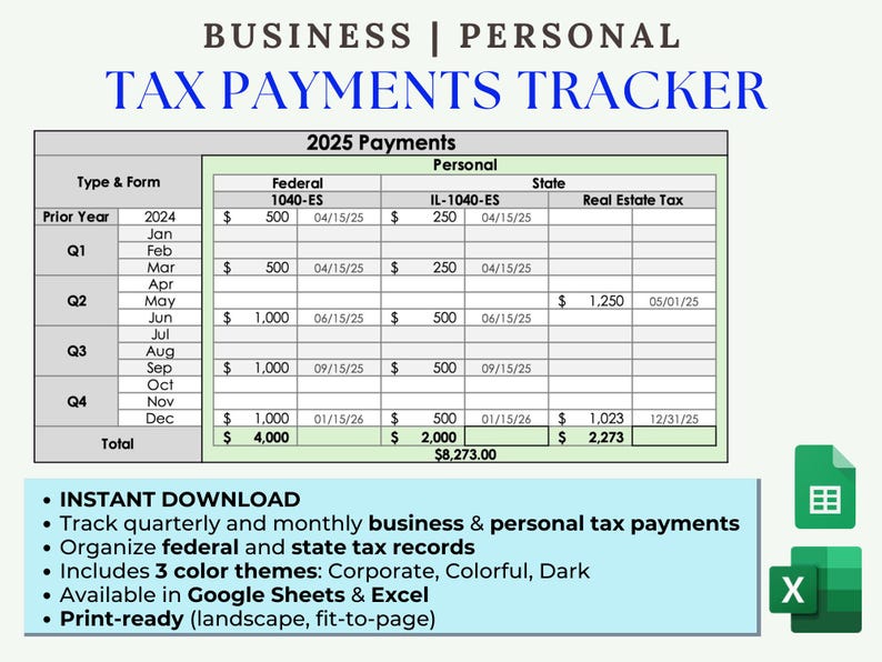 Quarterly Tax Payment Tracker: Google Sheets & Excel Template (digital ...