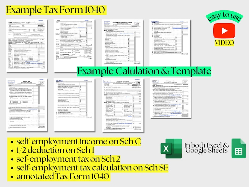 Self-employment Tax Calculator: Excel & Google Sheets, Form 1040 - Etsy