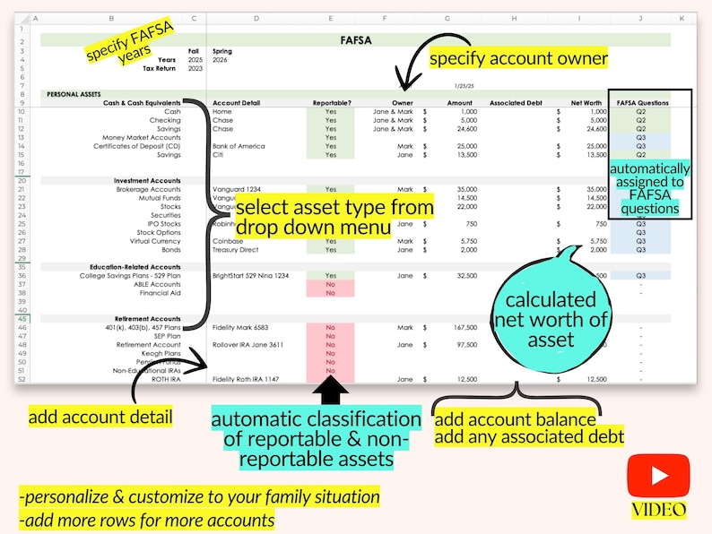 FAFSA Worksheet Template, Asset Net Worth Calculator (excel, Google ...