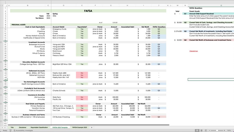 FAFSA Worksheet Template, Asset Net Worth Calculator (excel, Google ...
