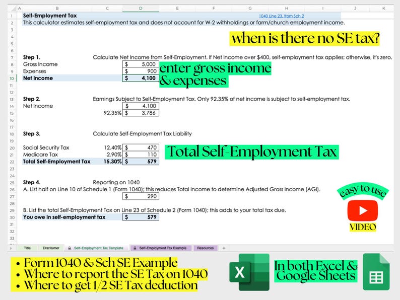 Self-employment Tax Calculator: Excel & Google Sheets, Form 1040 - Etsy