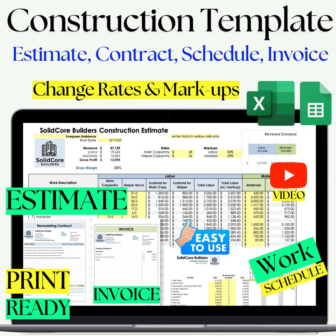 Construction Project Template: Estimate, Contract, Schedule (excel ...