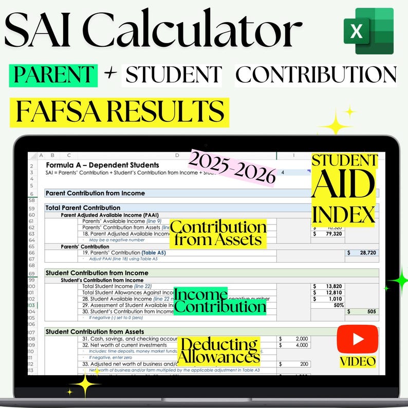 SAI FAFSA Calculator: Student Aid Index Worksheet (excel & Google Sheets) - Etsy