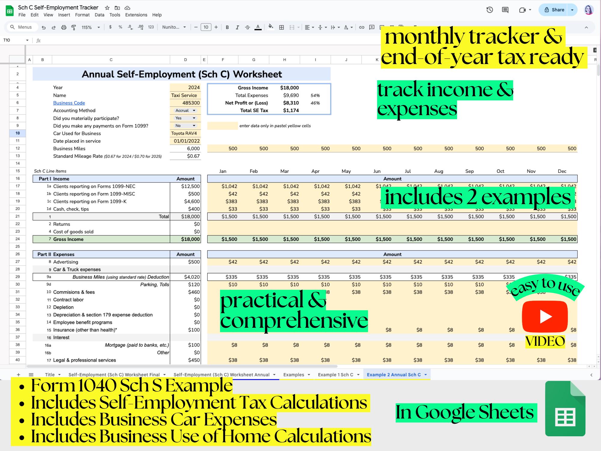 Self-employment Worksheet, Profit Loss, Income & Expenses, Self ...