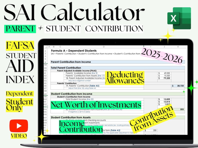 SAI FAFSA Calculator: Student Aid Index Worksheet (excel & Google ...