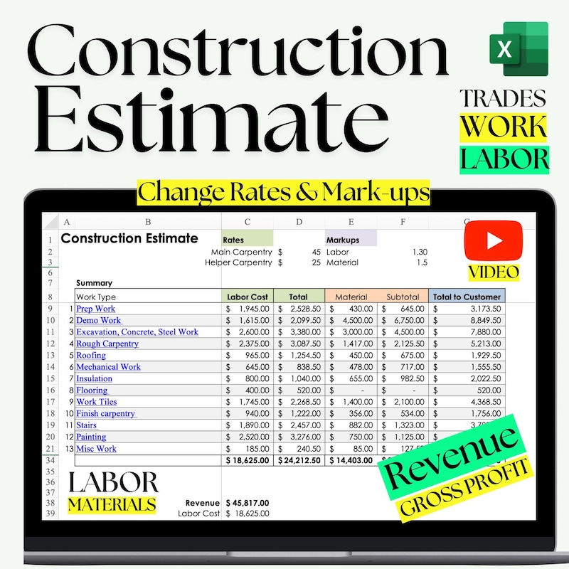 Construction Estimating Spreadsheet Template - Etsy