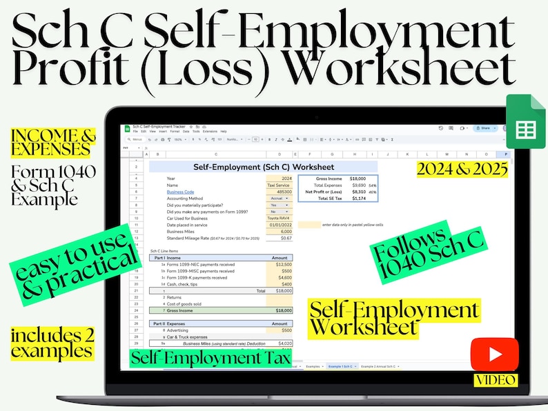 Self-employment Worksheet, Profit Loss, Income & Expenses, Self ...