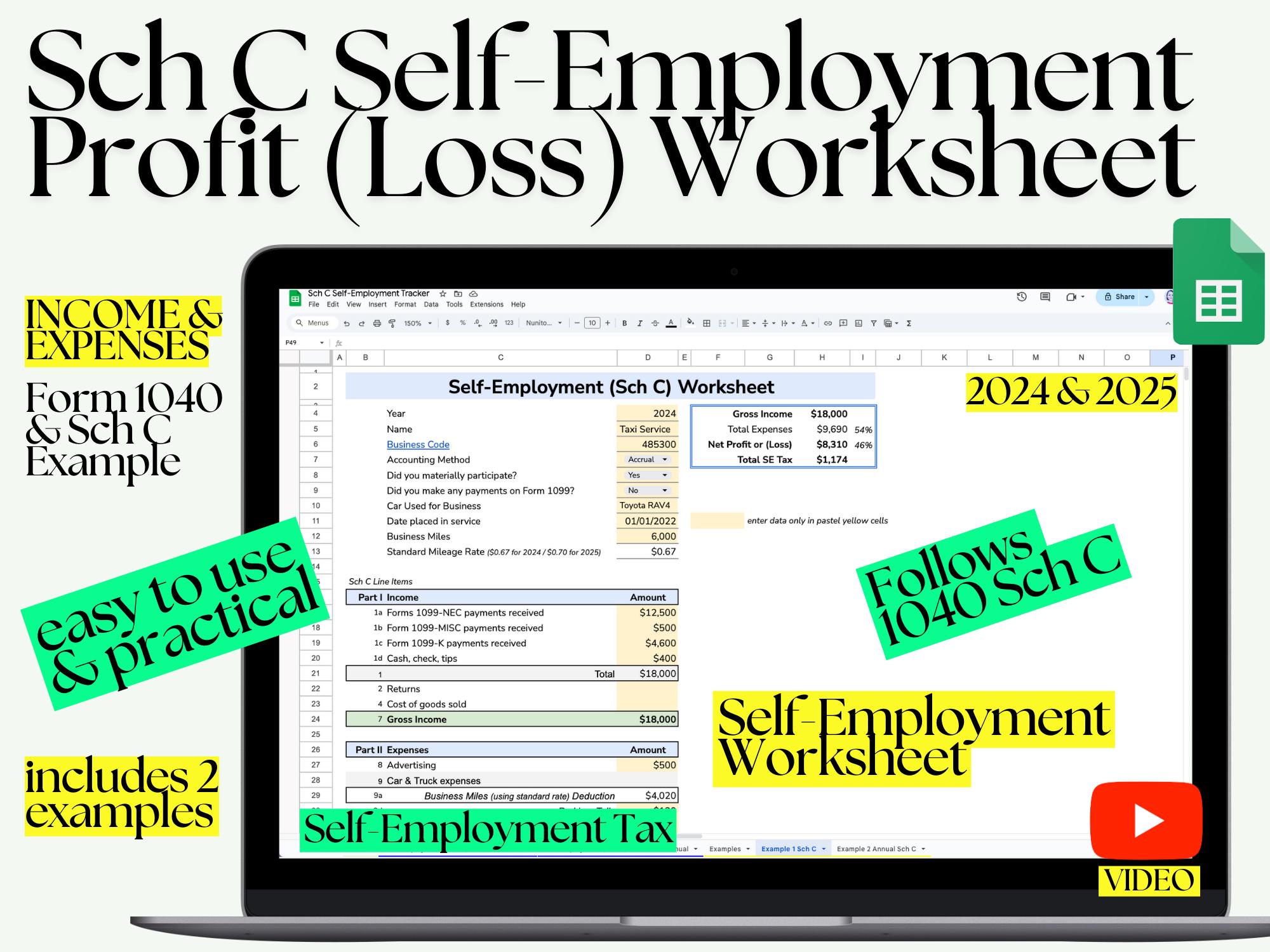 Self-employment Worksheet, Profit Loss, Income & Expenses, Self ...