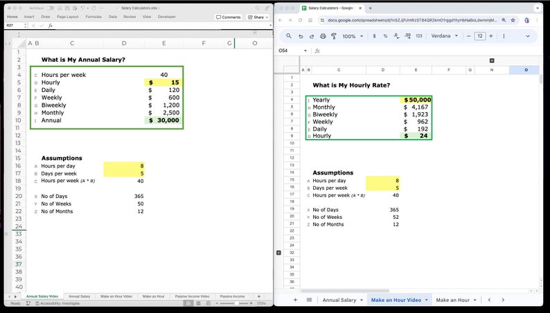 Salary and Hourly Calculator, Excel and Google Sheets Template - Etsy