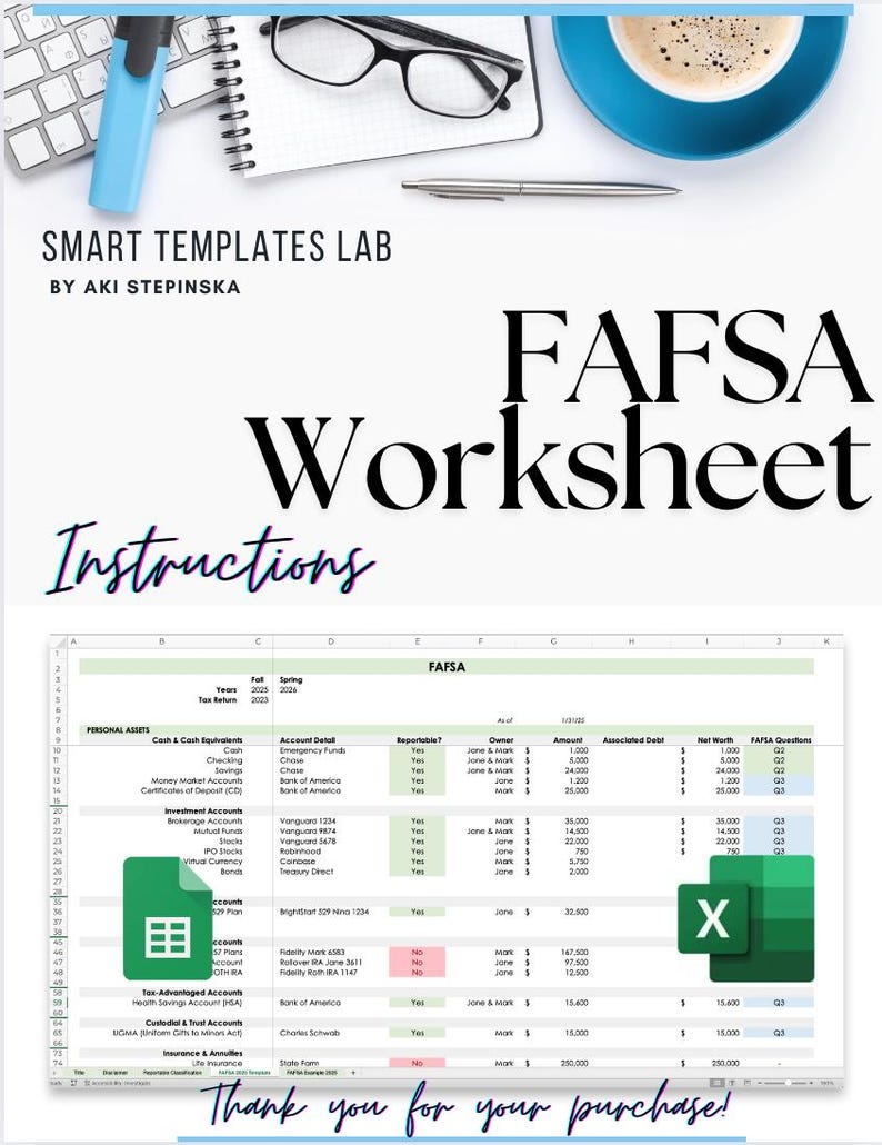 FAFSA Worksheet Template, Asset Net Worth Calculator (excel, Google Sheets) - Etsy