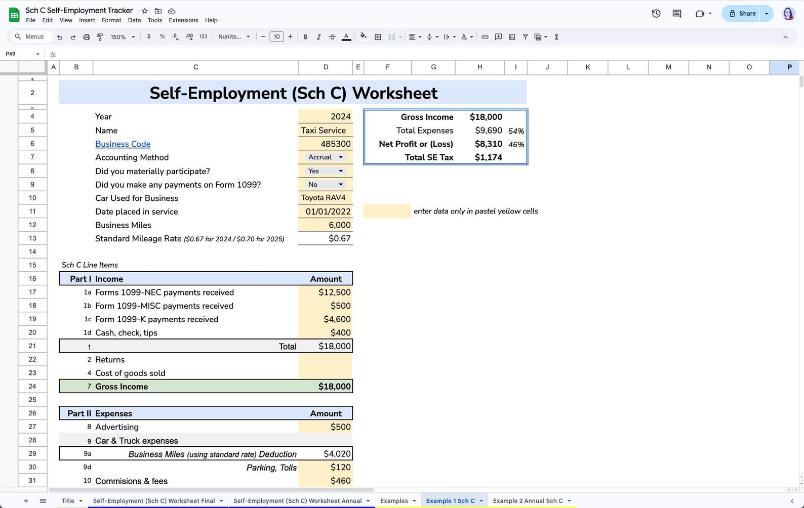 Self-employment Worksheet, Profit Loss, Income & Expenses, Self ...