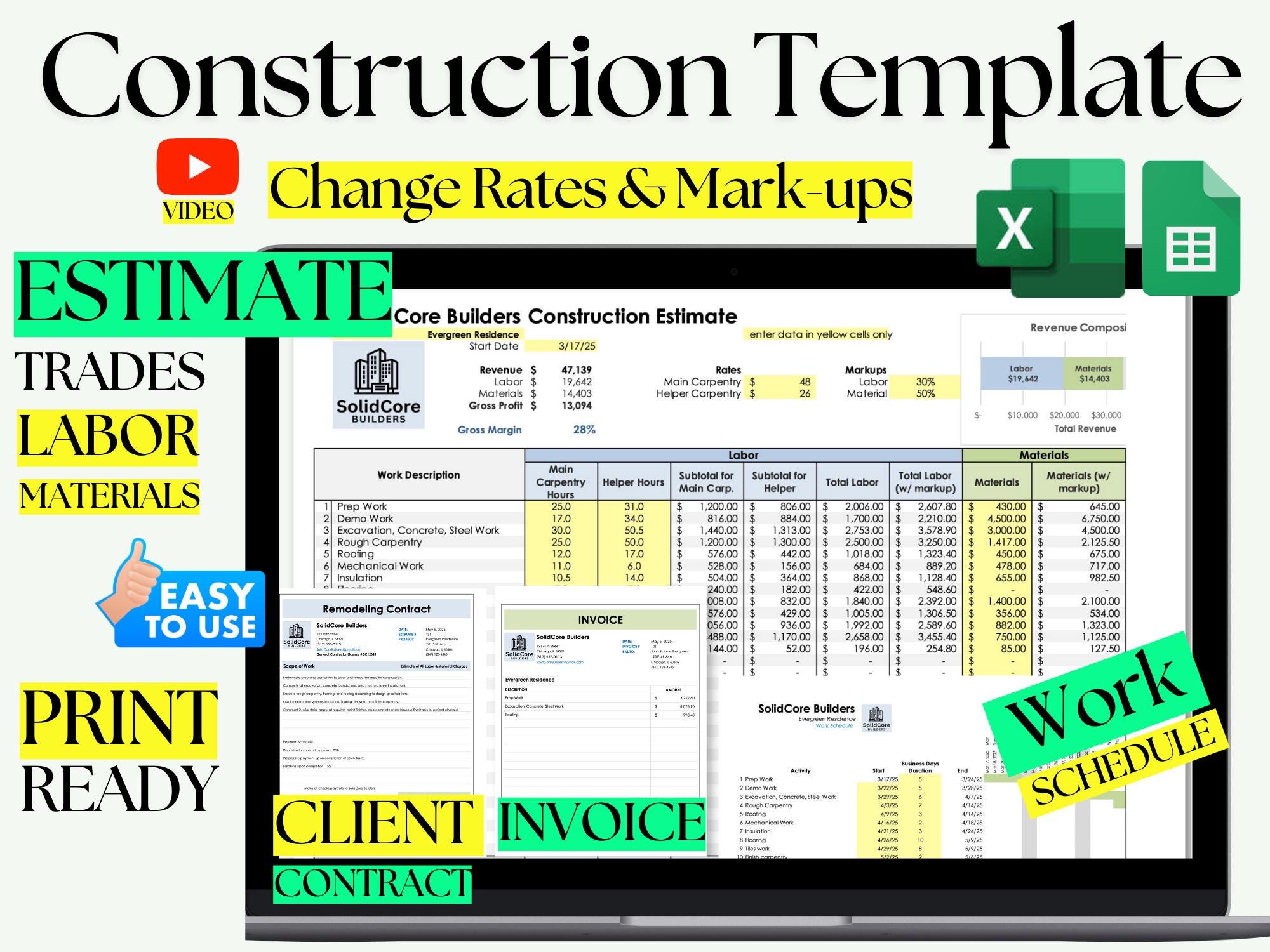 Construction Project Template: Estimate, Contract, Schedule (excel ...