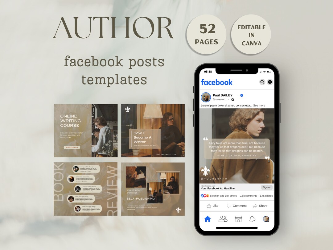 Facebook Posts Template for Authors｜author Social Media Template｜writer ...