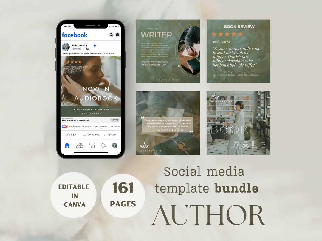 Author Social Media Template Bundle｜facebook Posts Template for Authors ...