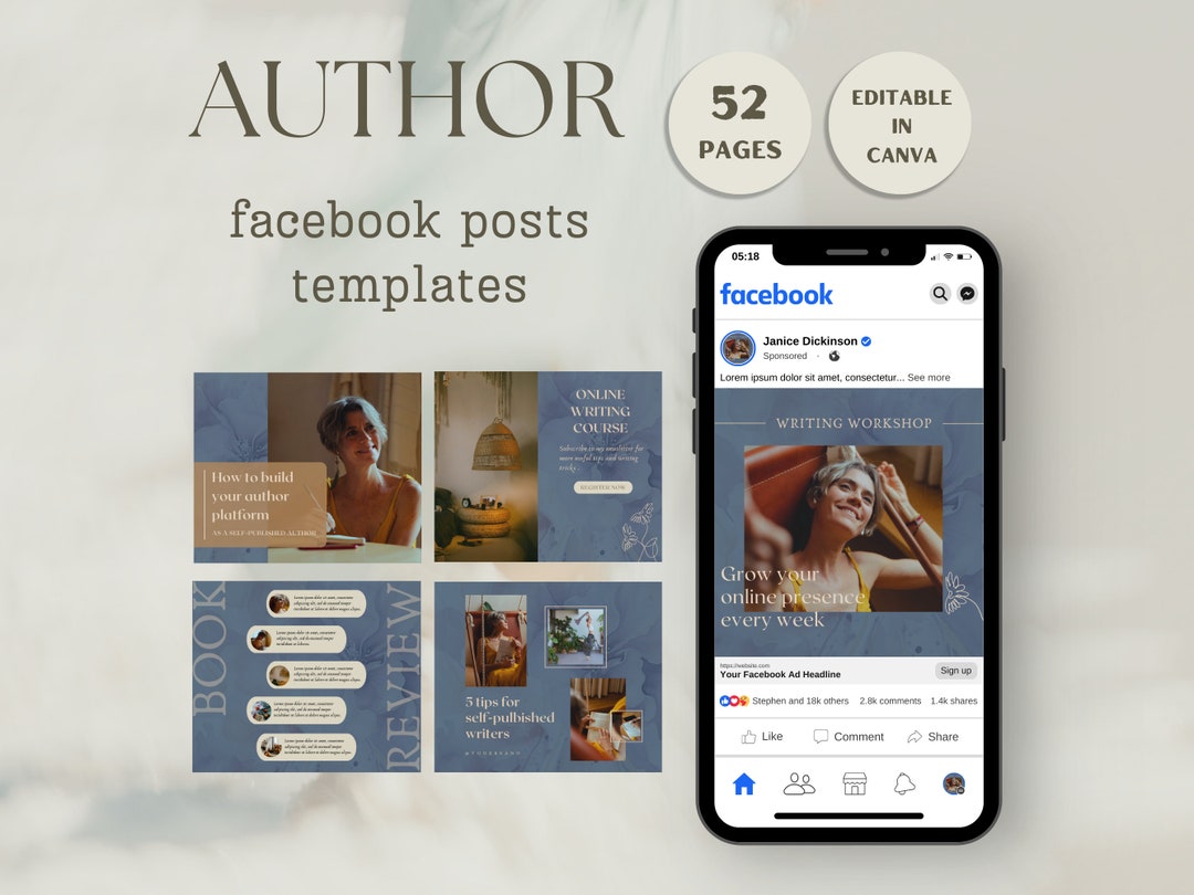 Facebook Posts Template for Authors｜author Social Media Template｜writer ...